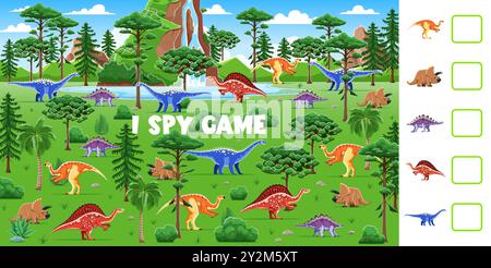 Prehistoric dinosaurs on kids I spy game worksheet, vector dino puzzle ...