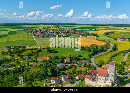 View of the Härtsfeld in the Swabian Ries-Alb around Katzenstein Castle ...