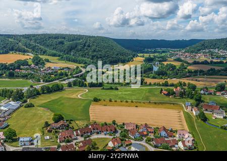 Aerial view to the little town of Dietfurt in the Nature Park Altmuehl ...