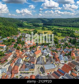 Aerial view to the little town of Dietfurt in the Nature Park Altmuehl ...