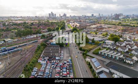 Aerial Manchester Longsight railway depot and Hyde road Stock Photo - Alamy