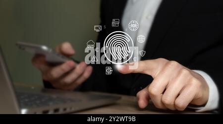 Digital icons and businessman using mobile phone in office. Concept of ...