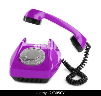 Old violet telephone with rotary dial isolated on white Stock Photo - Alamy