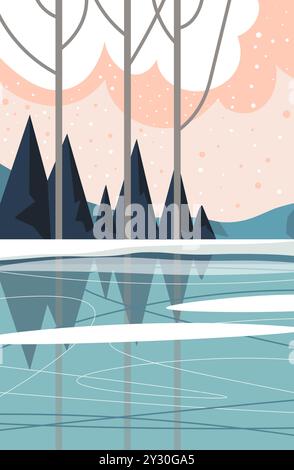 Vector winter landscape with frozen lake, forest and snowfall Stock ...