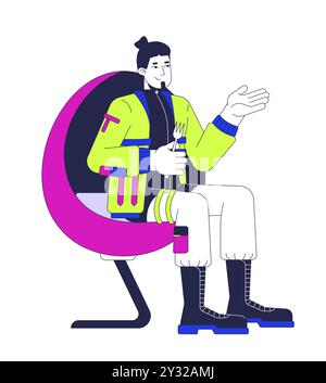 Armchair futuristic man fork holding black and white 2D line character ...