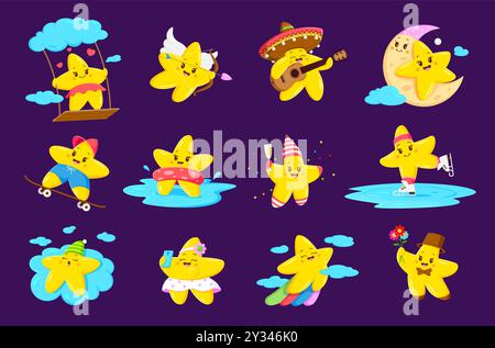 Cute kawaii stars with faces cartoon illustration set Stock Vector ...