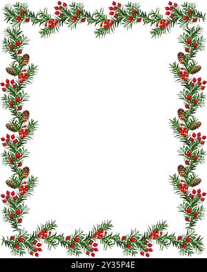 Christmas background with branches, cones, garland and a box with ...