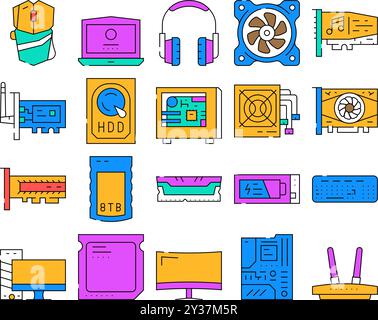 Computer Accessories And Parts Icons Set Vector. Computer Mouse And ...