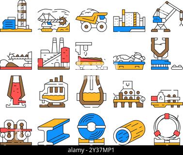 Isometric icons set with Blast furnace slag and pig iron tapping. Iron ...
