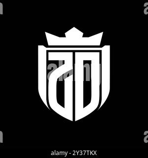 ZD Letter logo with shield shape with geometric crown inside white outline on black background ...