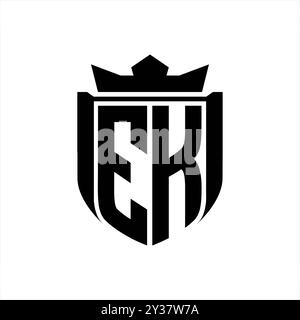 EK Letter logo with shield shape with geometric crown inside white outline on black background ...