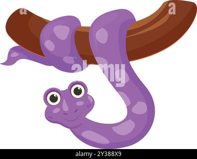 Cartoon purple snake is hanging on a tree branch, sticking its tongue ...