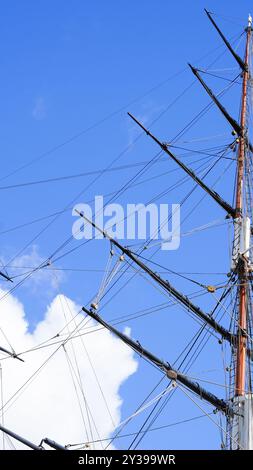 Ship ropes, shkots, and halyards, blue sky and sailing vessel, marine ...