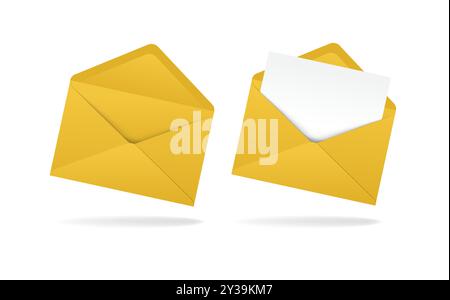 Set of realistic yellow envelopes in different positions. Folded and unfolded envelope backpack ...