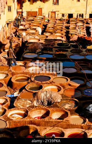 Fes,Fes, The Tanneries de Fes where fabrics are hand-dyed in huge vats ...