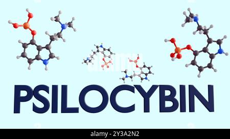 3D rendering of the word "PSILOCYBIN" and with the molecular structure ...