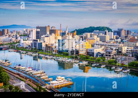 Tokushima, Japan downtown cityscape on the Shinmachi River in the ...