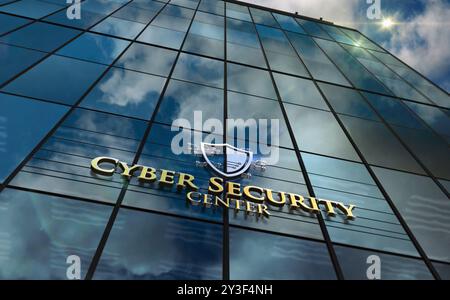 Cyber Security glass building concept. Digital protection server center ...