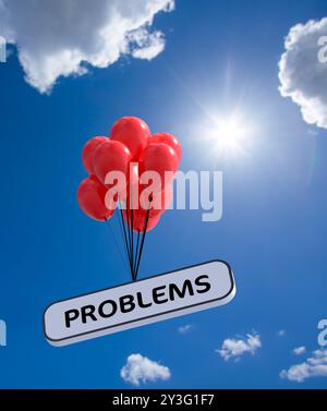 helium balloons with a sign with the text stress hanging underneath are ...