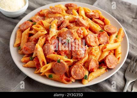 Homemade One-Pot Hot Dog Pasta on a Plate, side view Stock Photo - Alamy