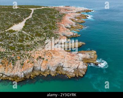 Aerial view of rocky coastline of Coles Point on the Eyrs penisula in ...