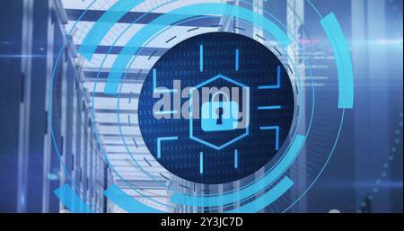 Image of network and circular scanner with padlock icon and charts processing data. Data ...