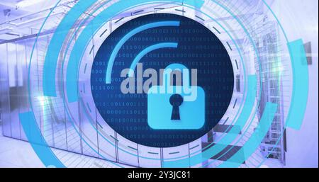 Image of circular scanner processing wifi with padlock icon over server room Stock Photo - Alamy