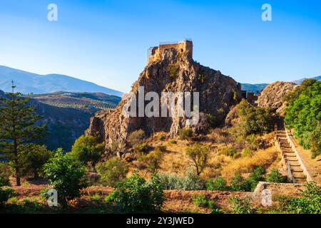 Lanjaron Castle or Castillo de los Moros aerial panoramic view, it is a ...