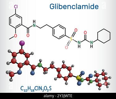 Glibenclamide (glyburide) diabetes drug molecule. Skeletal formula ...