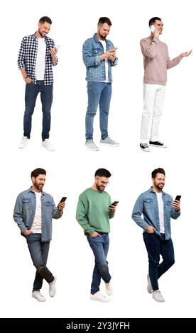 Collage with photos of people using mobile phones on white background ...