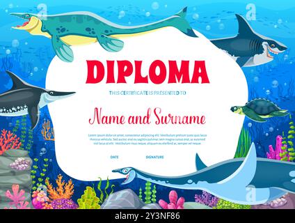 Kids diploma with underwater prehistoric dinosaurs characters in ...