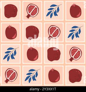 Pomegranates seamless pattern. Patchwork repeat background. Vector hand ...