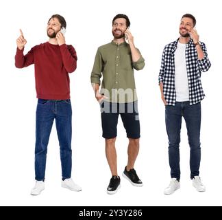 Collage with photos of men using mobile phones on white background ...