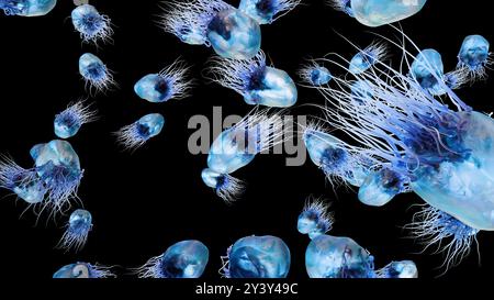 Peritrichous Bacteria with lot of flagellum, harmful bacillus with long ...