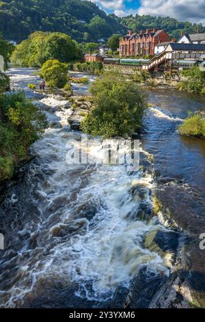 Llangollen Town Centre with the River Dee and the old heritage railway ...