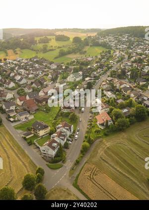 An aerial shot of a village with houses surrounded by a grassy field ...
