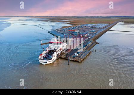 Aerial from the ferry arriving at Holwerd on the Wadden Sea in the ...