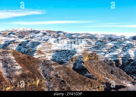 Winter landscape of the mountains of Dagestan and the mountain village ...