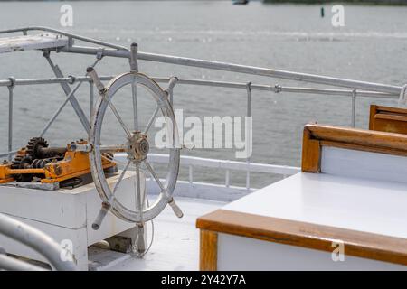 Close-up photo of a sailboats helm, wheel, while docked in port Stock ...