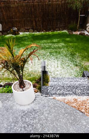 Australian backyard covered in hail with lawn and tropical plants ...