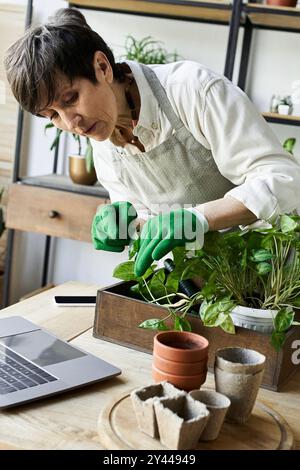 A gardener tends to her herb plants in pots, enjoying a peaceful patio ...