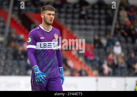 Dennis Seimen (VFB Stuttgart II, #01) macht einen Abschlag aus der Hand ...