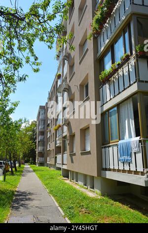 Balconies on a typical communist-era brutalist high-rise residential ...