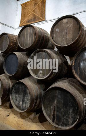 Solera systems in old Andalusian wine cellar, process for aging sherry ...