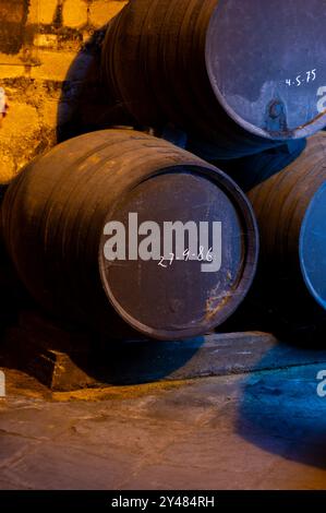 Solera system in old bodega, Andalusian wine cellar, process for aging ...