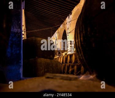 Solera system in old bodega, Andalusian wine cellar, process for aging ...