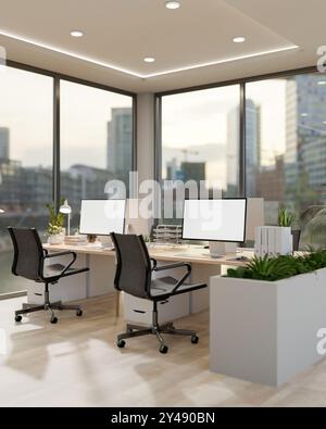 A computer desk by the window with a stunning view of city skyscrapers ...