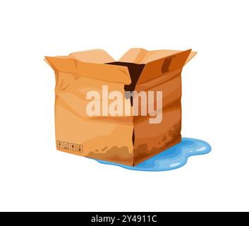 Wet and damaged crumpled box, crushed and ripped cargo parcel, broken ...