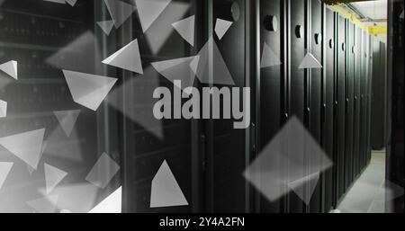 Image of floating 3d grey pyramids, green icons and networks over ...