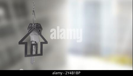 House-shaped keychain image over blurred background with floating ...